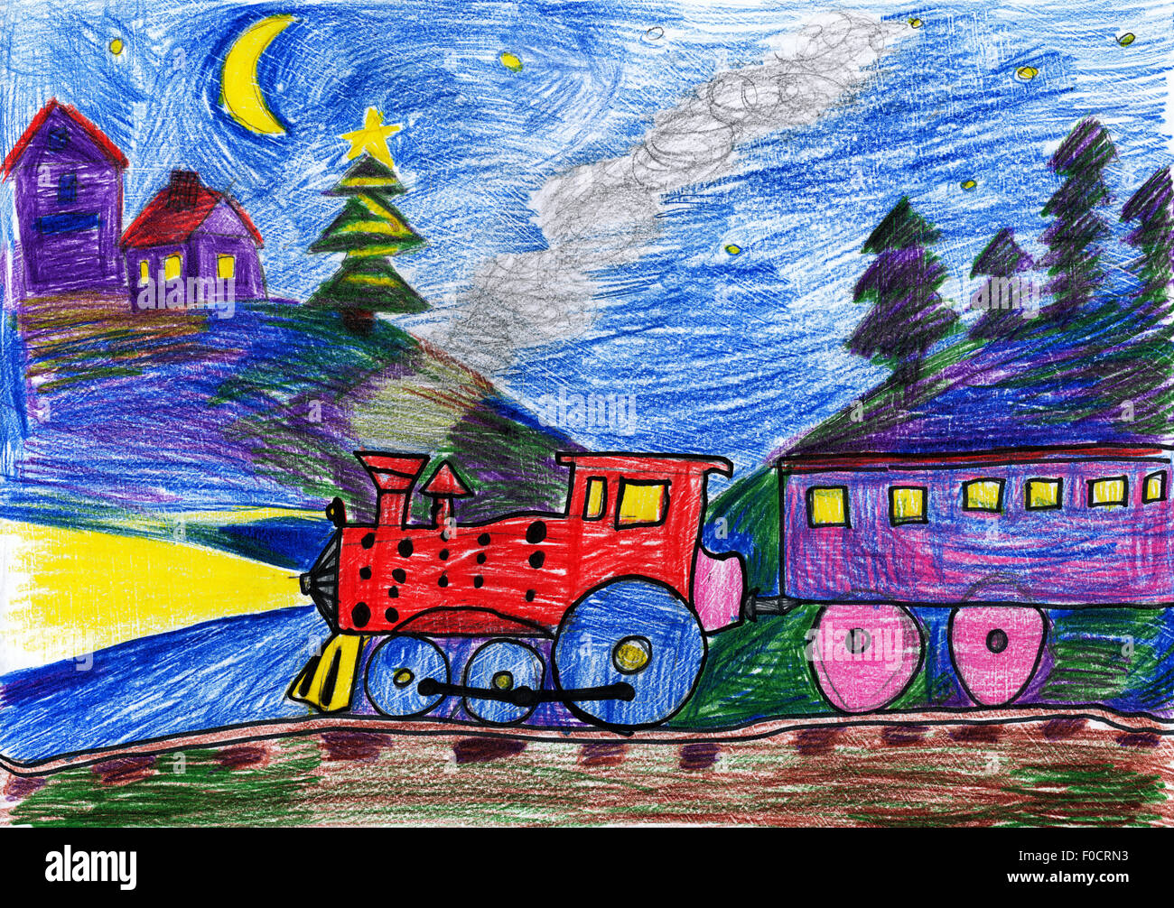 train at night. child's drawing on paper Stock Photo - Alamy