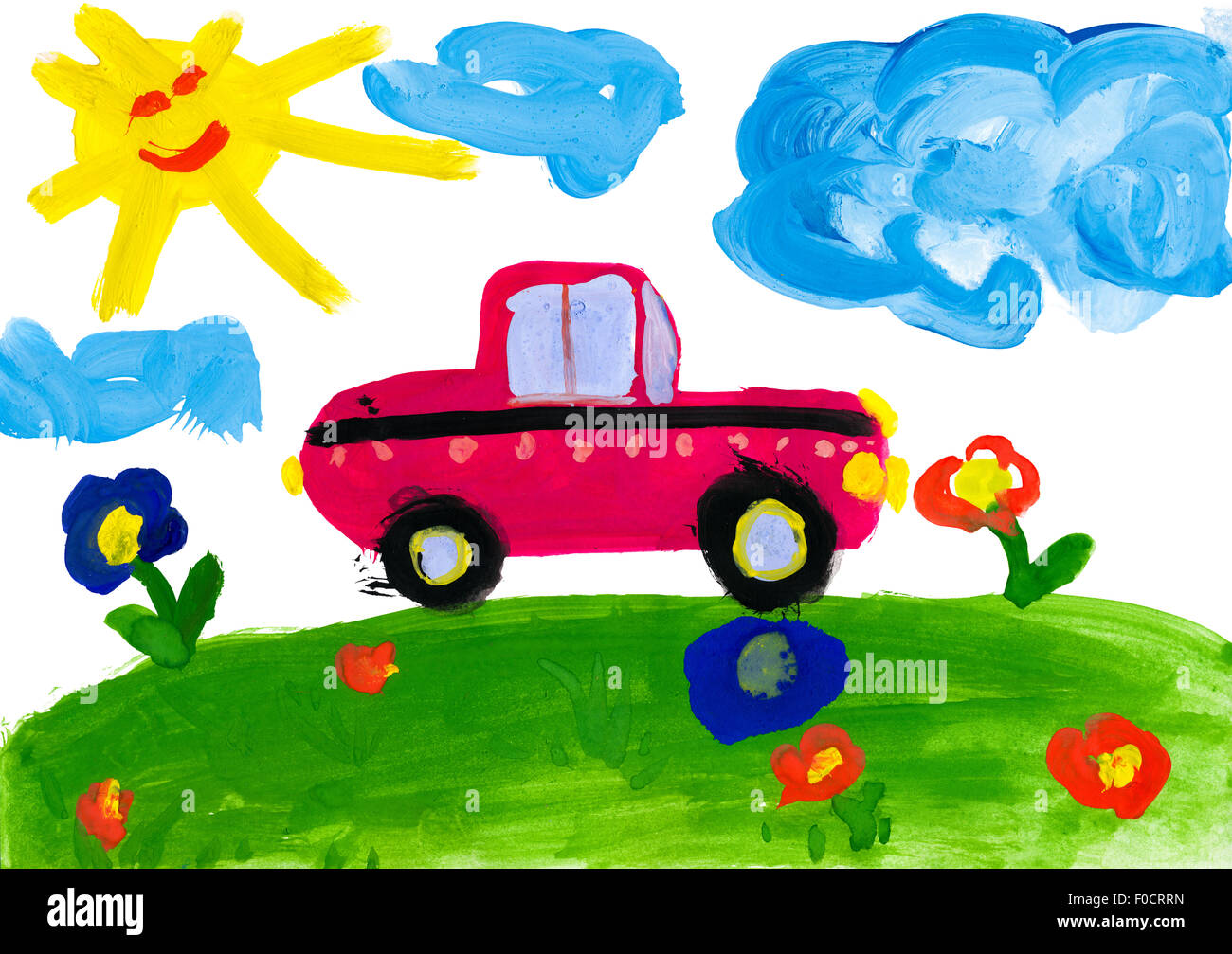 child's drawing. car rides on a meadow Stock Photo - Alamy