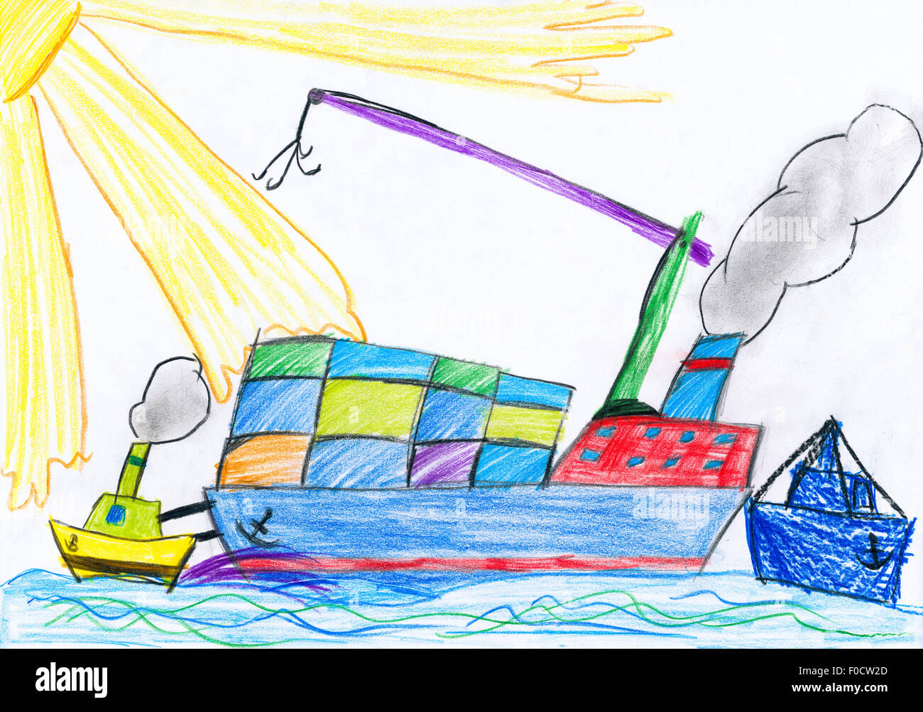 cargo ship. child drawing Stock Photo - Alamy