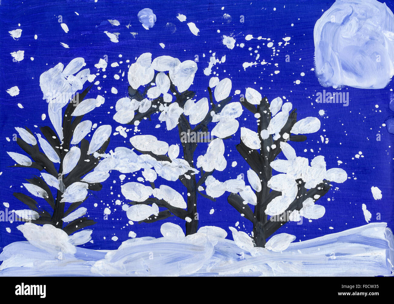christmas night in forest with full moon. child drawing Stock Photo - Alamy