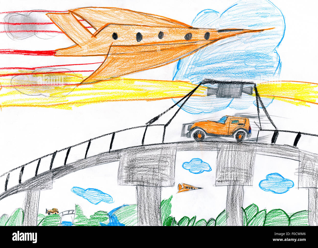 car on the bridge and airplane. child drawing Stock Photo - Alamy