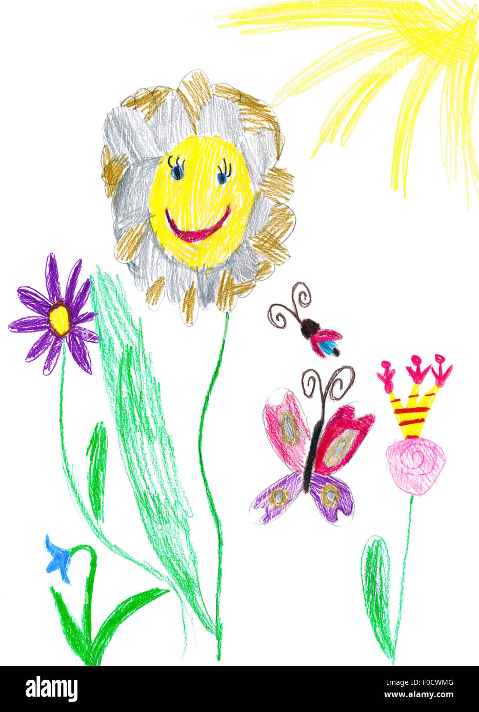 spring landscape with butterfly and flowers. child drawing Stock Photo ...