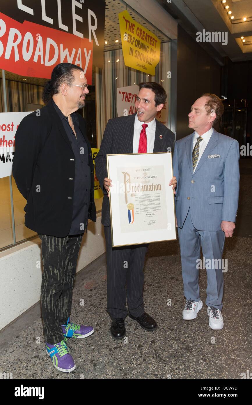 New York, NY, USA. 12th Aug, 2015. Penn Jillette, Ben Kallos, Teller at ...