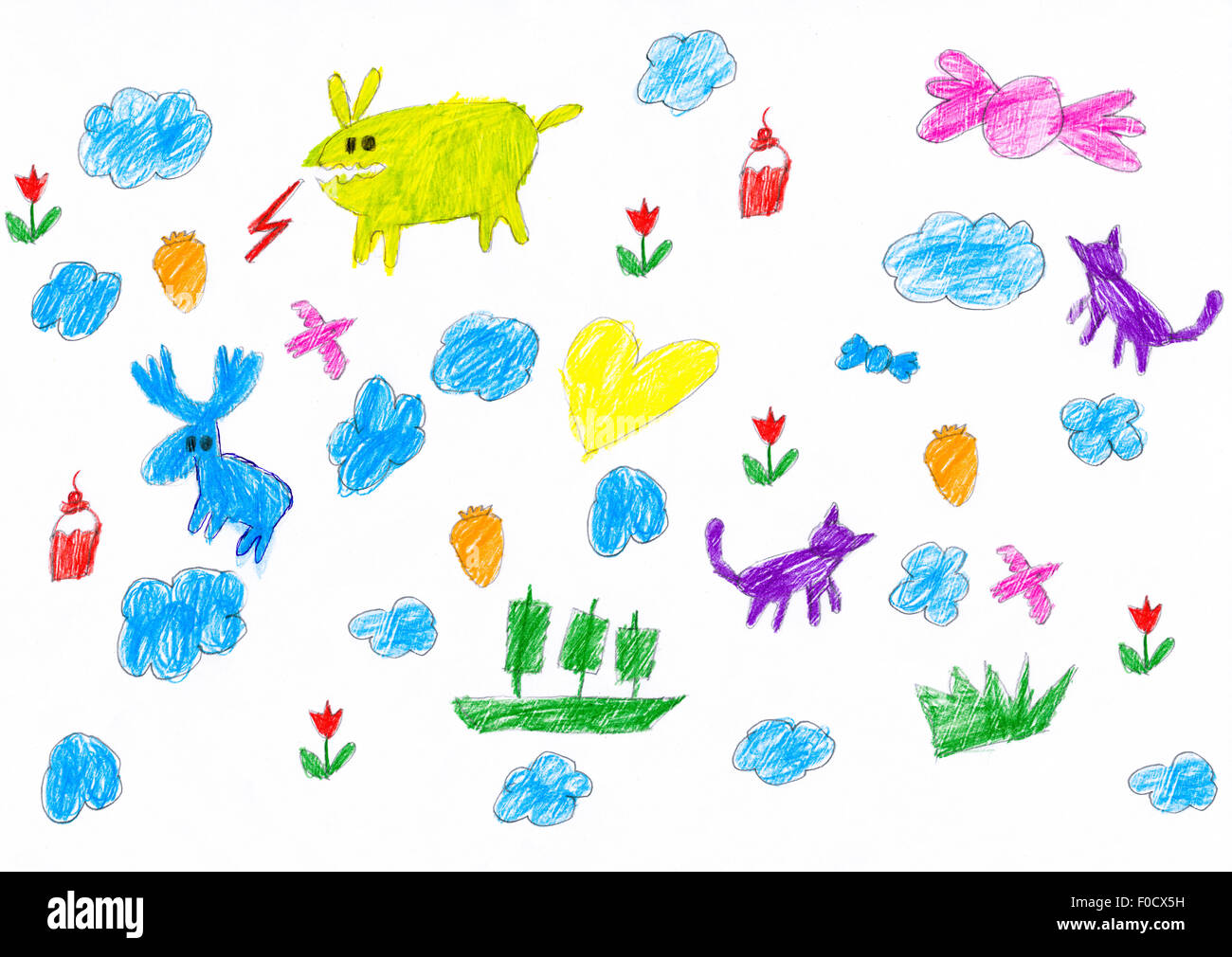 hand drawn childish object set childs drawing Stock Photo - Alamy