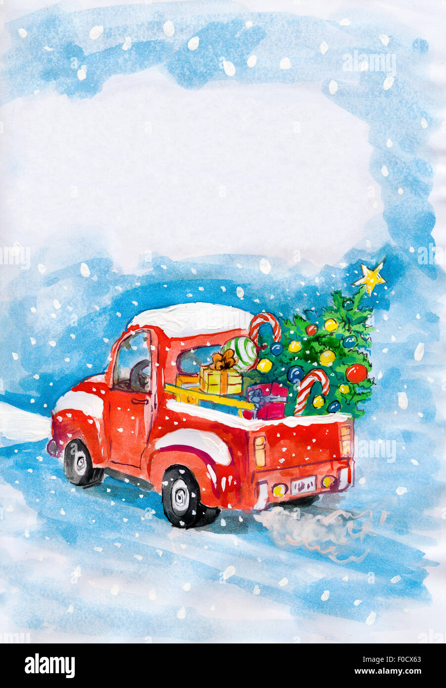 red car with christmas tree on snow. child drawing Stock Photo - Alamy
