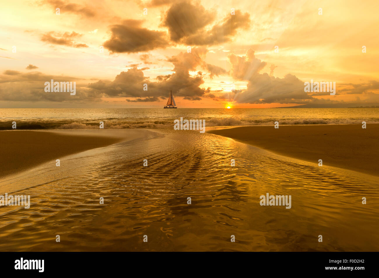 Sailboat sunset is a shimmering river flowing to the sea with a ...