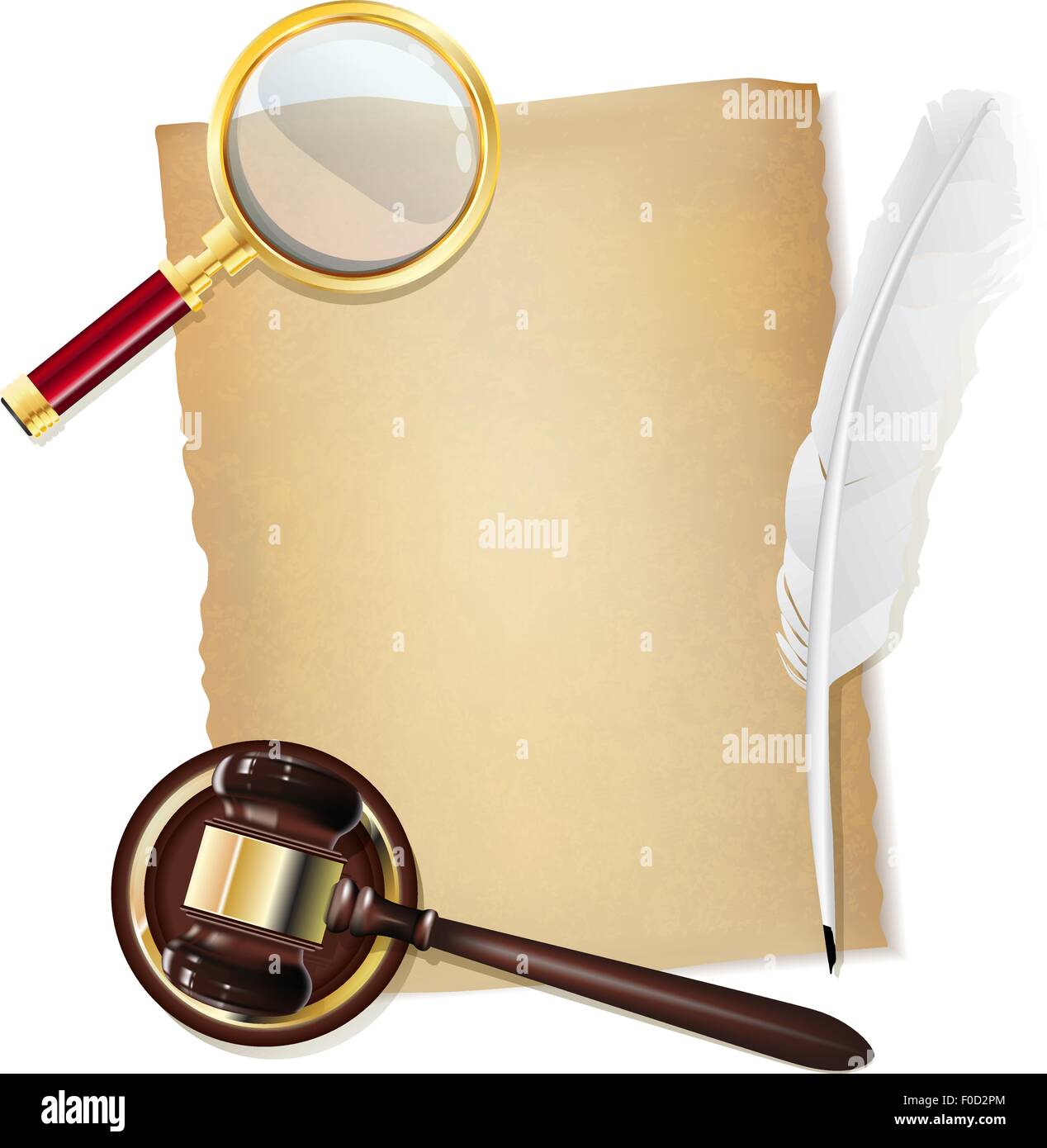 feather pen, old papyrus, gavel and magnifying glass as justice ...