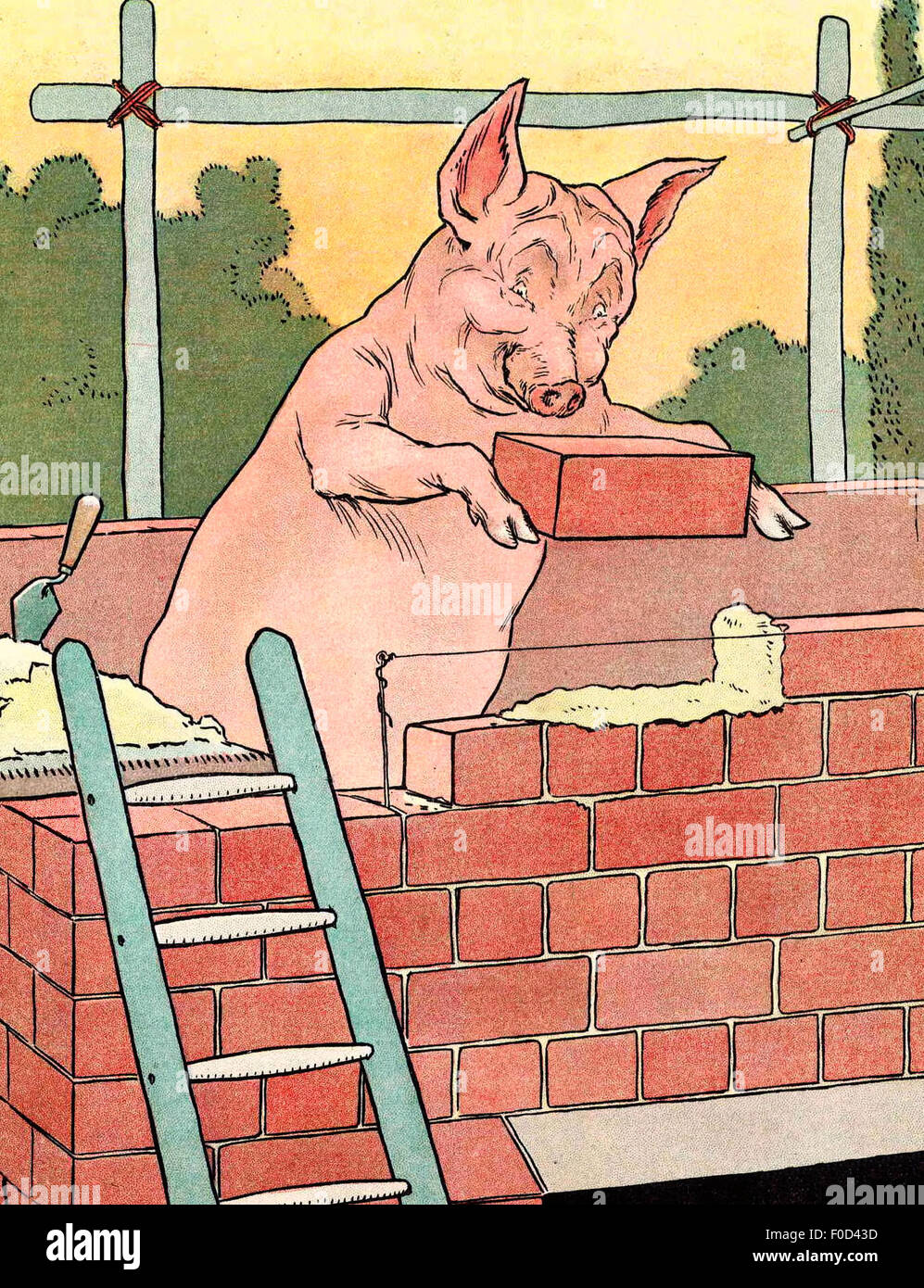 Little Piggy building brick house in Three Little Pigs Stock Photo - Alamy
