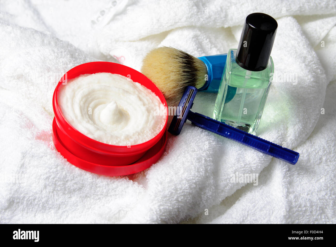 kit shaving soap, razor blade towels, shower, aftershave Stock Photo ...