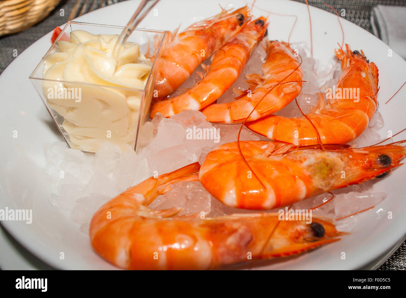 pink fresh prawns with mayonnaise and ice Stock Photo - Alamy