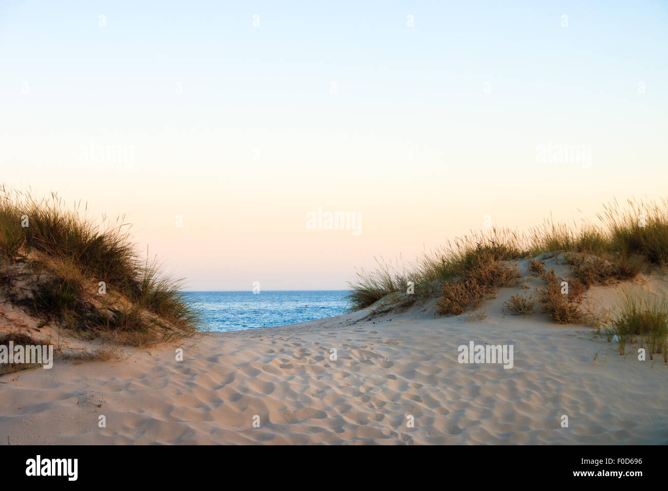 A partial view of the blue ocean behind sandy beach dunes Stock Photo ...