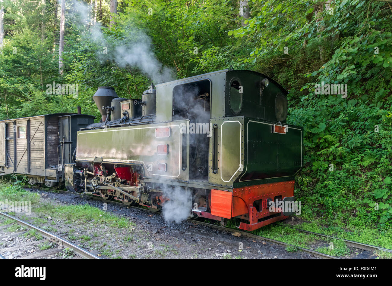 Old black steam powered railway train. Restored old vintage steam train ...