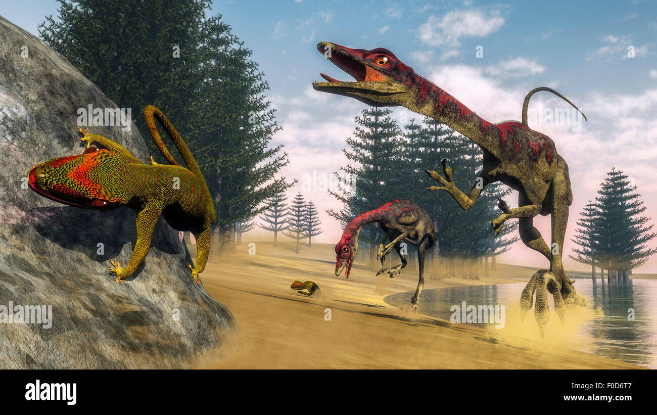 Compsognathus dinosaur hunting a gecko in a lagoon with calamite trees ...