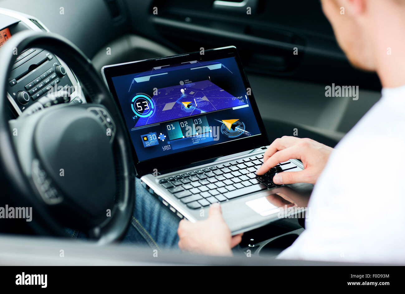 man using navigation on laptop computer in car Stock Photo - Alamy