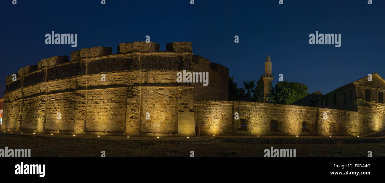 Larnaca castle at night with the illumination. Panoramic view ...
