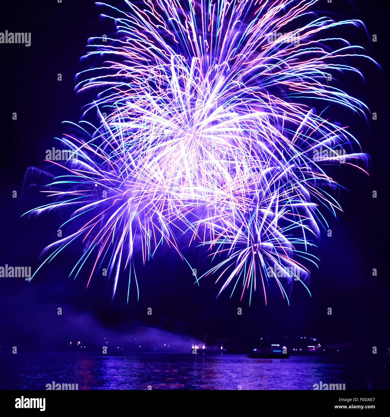 Blue colorful fireworks on the black sky background Stock Photo - Alamy