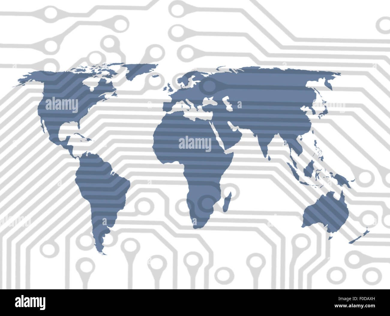 World outline map overlaid with circuit board pattern Stock Photo - Alamy