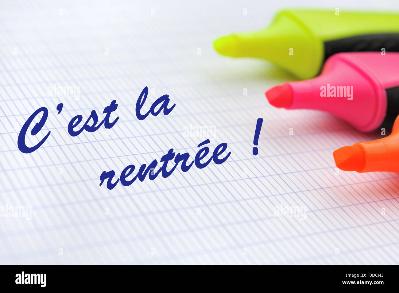 back to school in french with highlighters on a white background Stock ...