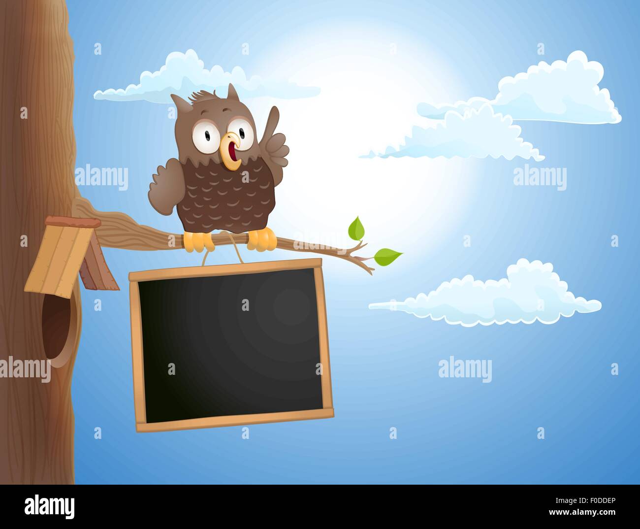 cartoon cute owl sitting on branch and a chalkboard. vector ...