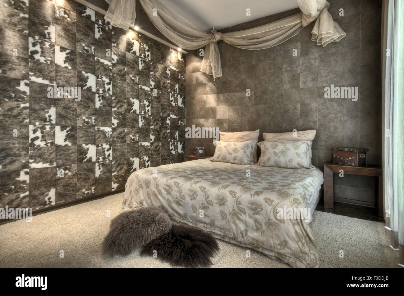 Modern bedroom minimalist interior with goat fur wall in modern house ...