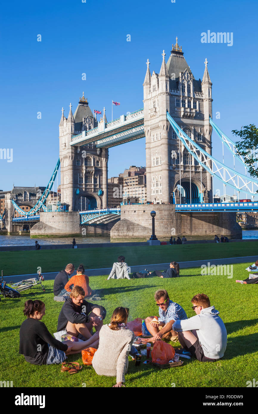 England, London, People Having Barbecue and Tower Bridge Stock Photo ...