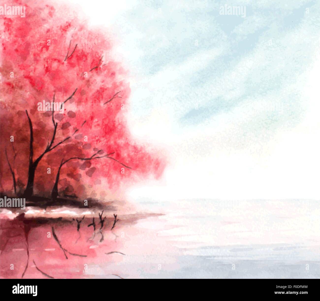 watercolor autumn background with red trees and lake water. vector ...