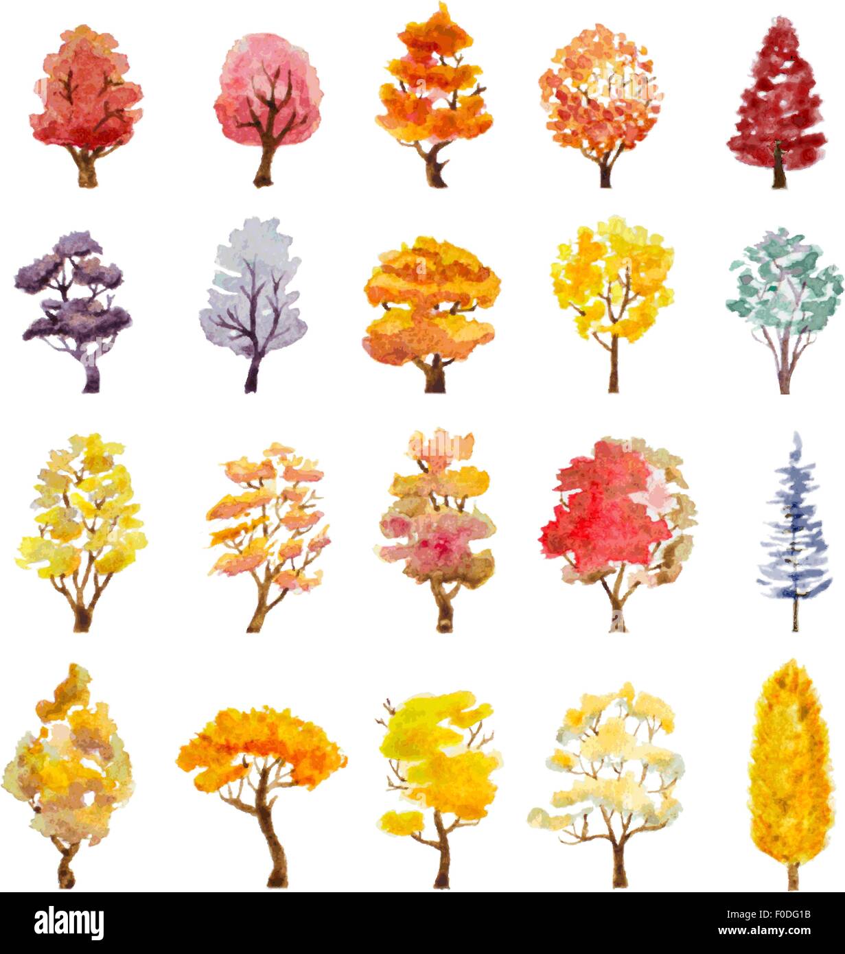 set of autumn trees. hand drawn watercolor vector illustration Stock ...