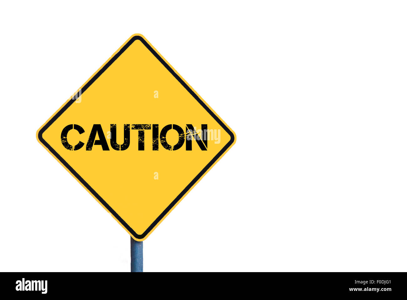 Yellow roadsign with Caution message isolated on white background Stock ...