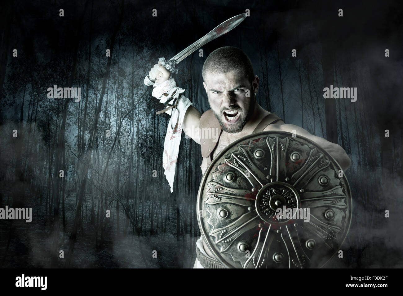 Gladiator or warrior posing with shield and sword battling in a dark ...