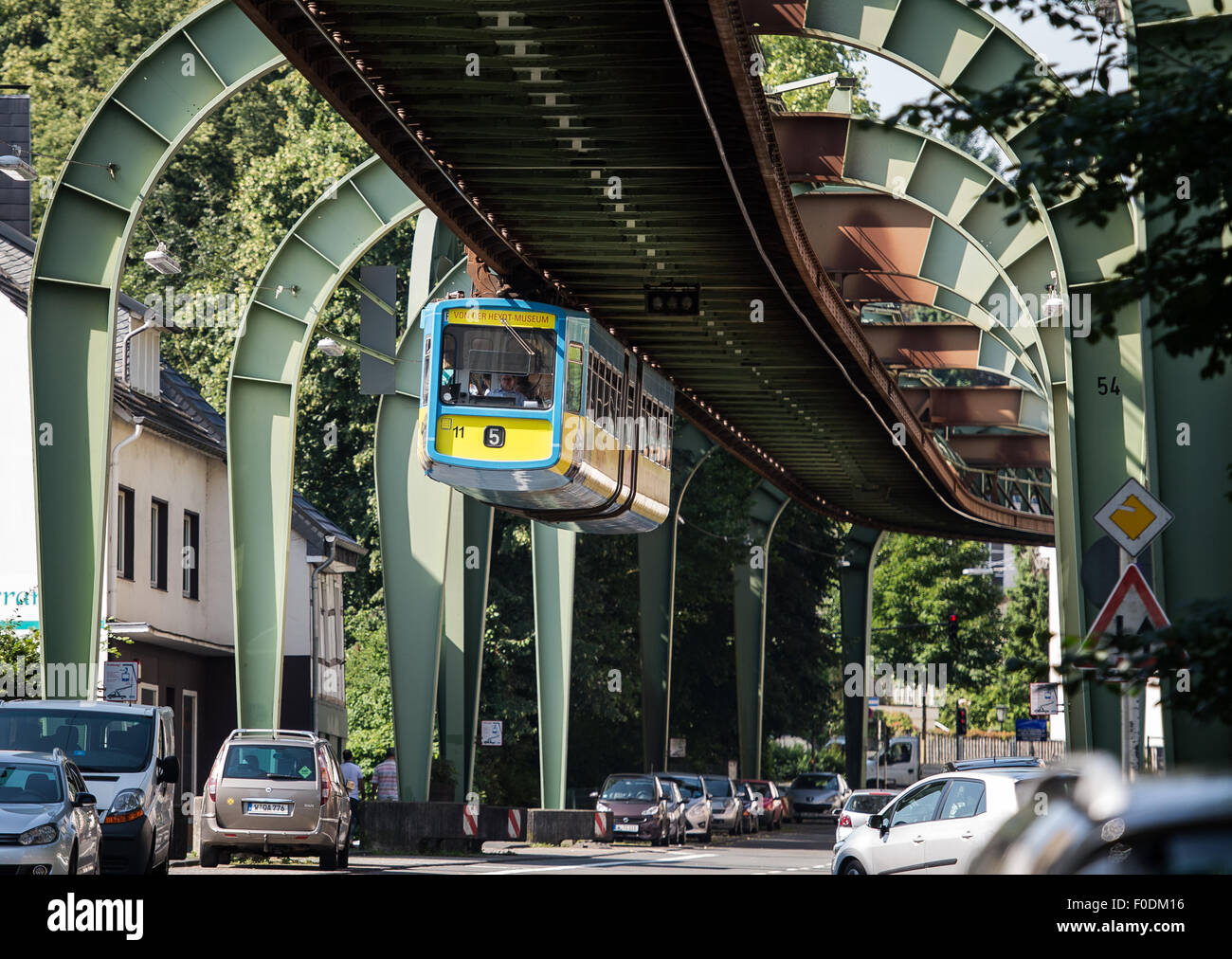 An overhead railway car drives through Wuppertal, Germany, 13 Augsut ...