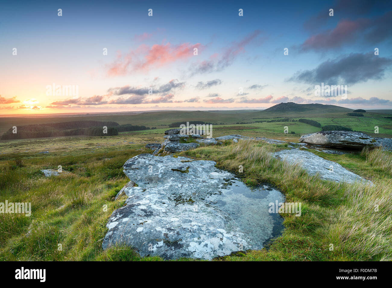 Beautiful sunset over rugged moorland on Bodmin Moor in Cornwall with ...