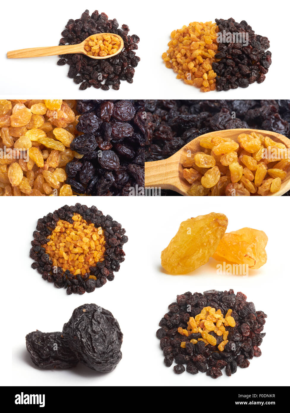 golden and dark raisin collage with wooden spoon Stock Photo - Alamy