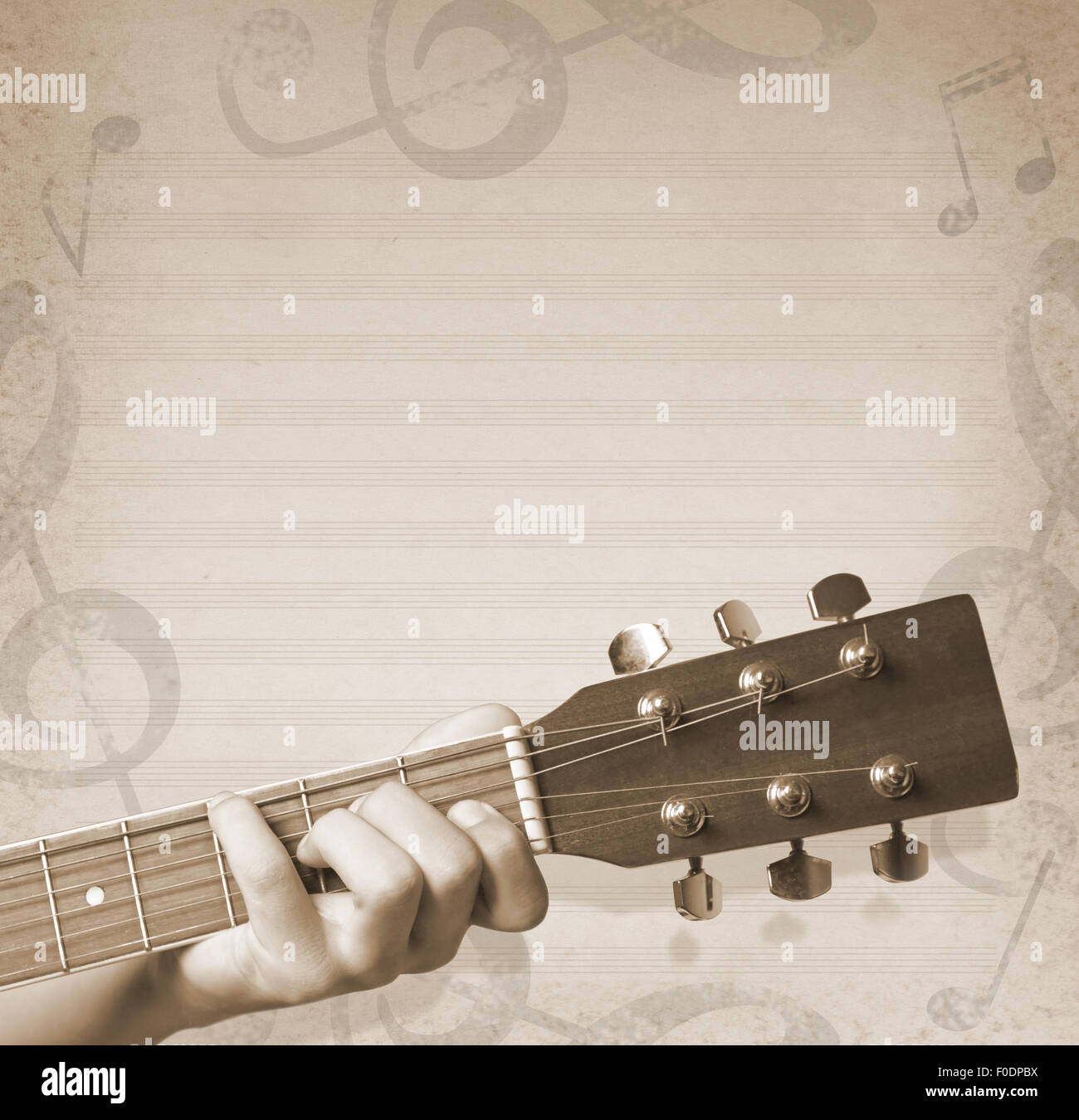 musical background with hand holding a guitar and musical notes Stock ...