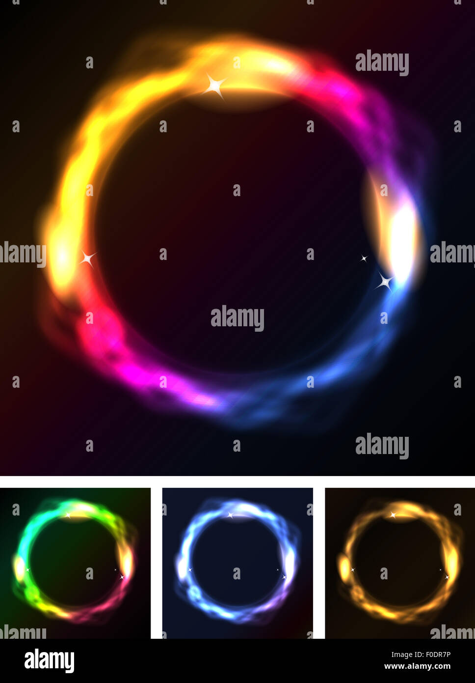 Illustration of a set of abstract blurred rings with neon light circles ...