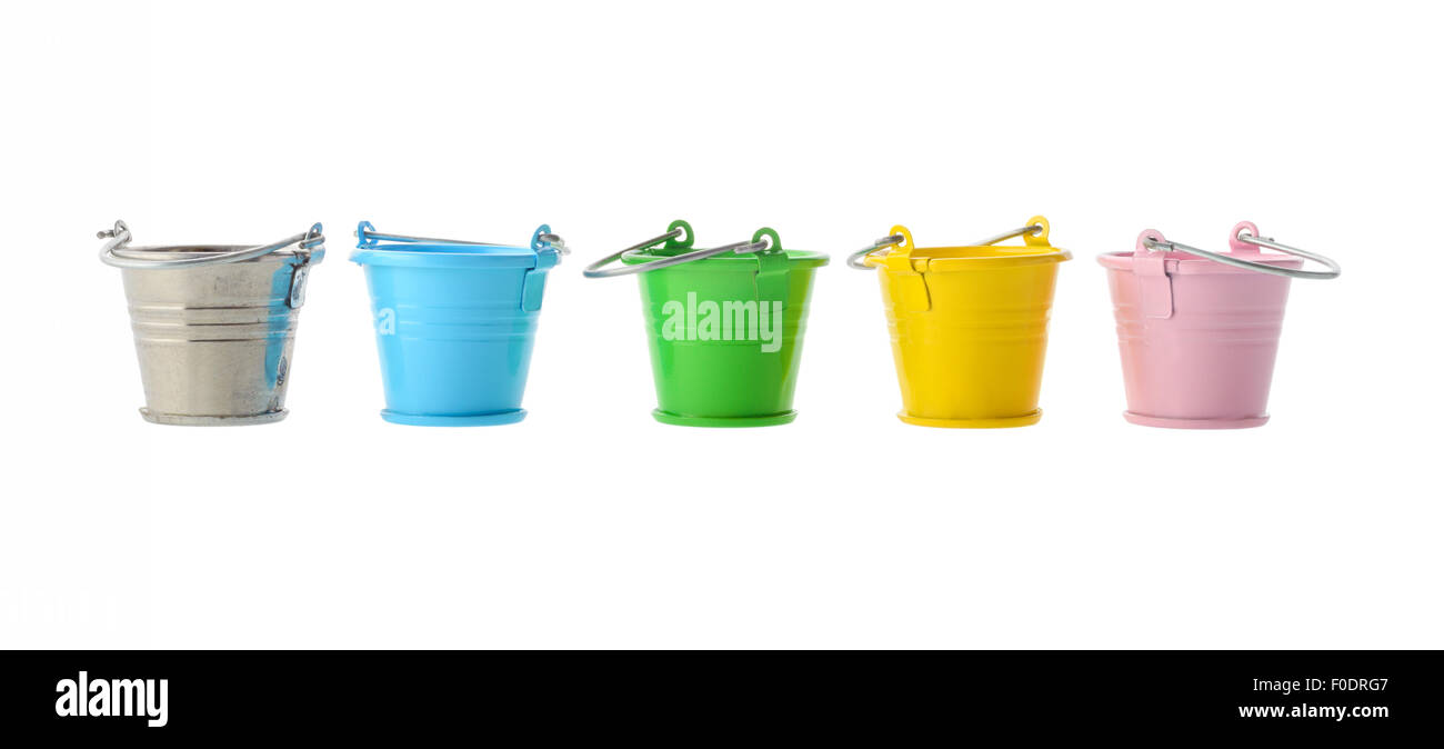 Isolated objects: colorful buckets, arranged in a row, isolated on ...