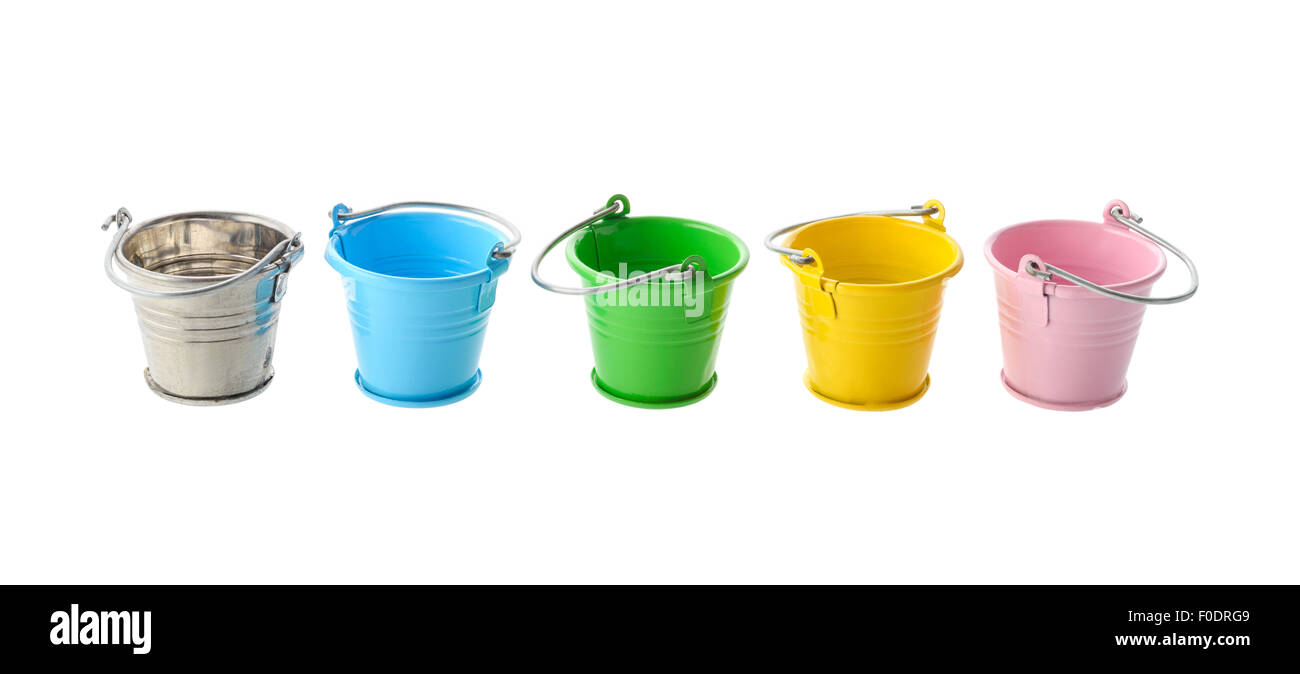 Isolated objects: colorful buckets, arranged in a row, isolated on ...