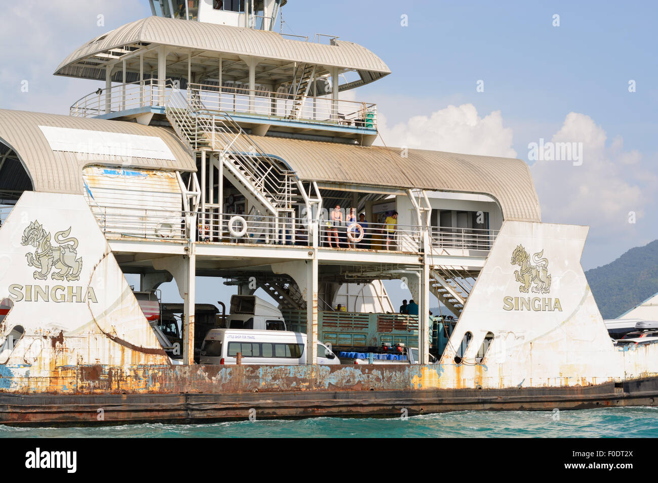 Trat, Thailand-April 29, 2015: Tourists and Cars loaded on ferry boat ...