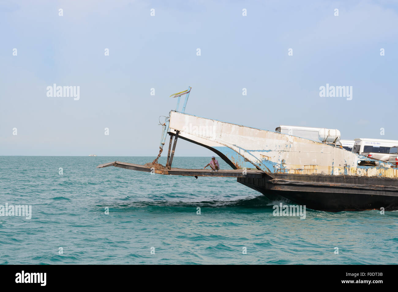 Trat, Thailand-April 29, 2015: Tourists and Cars loaded on ferry boat ...