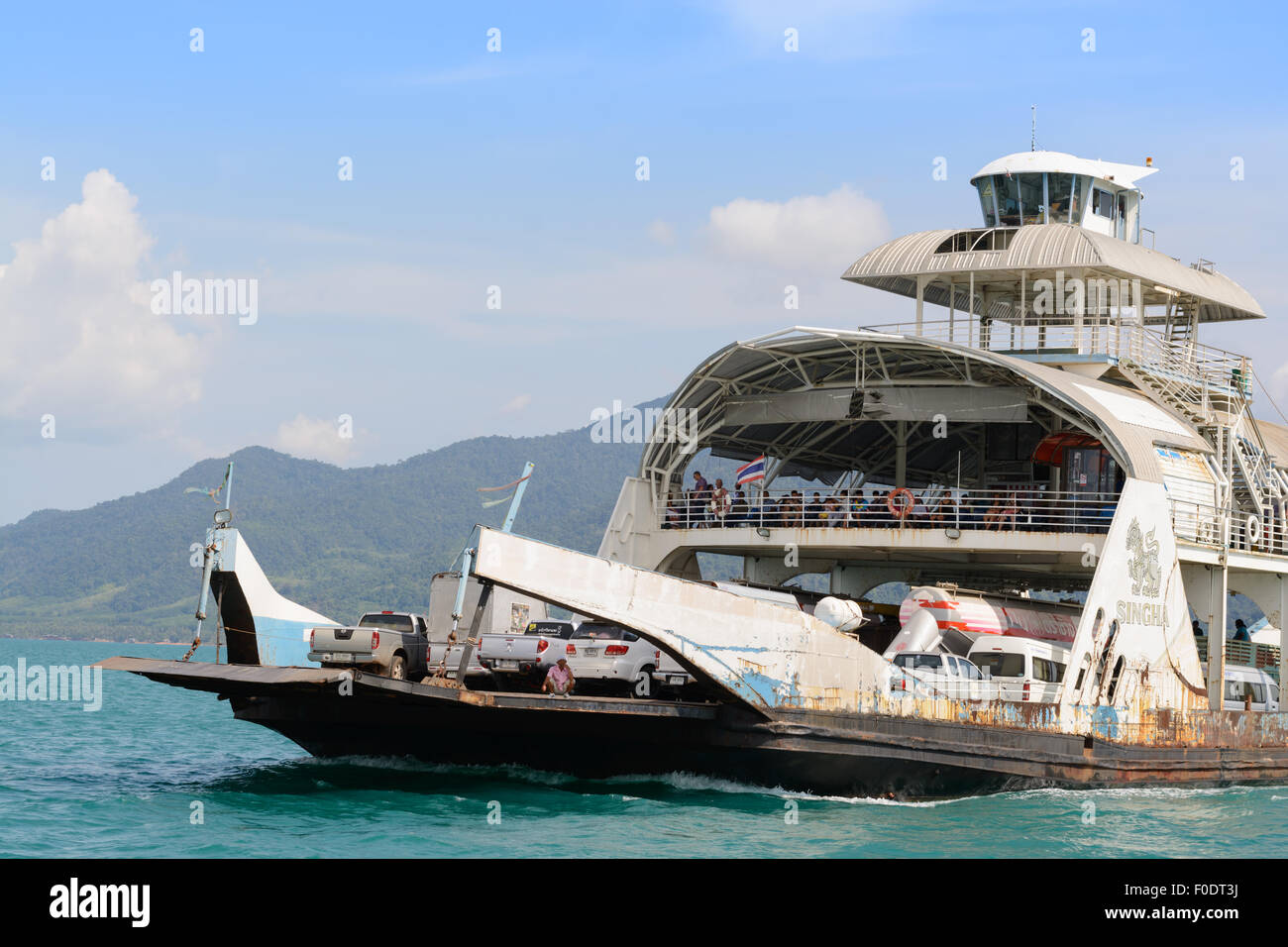 Trat, Thailand-April 29, 2015: Tourists and Cars loaded on ferry boat ...