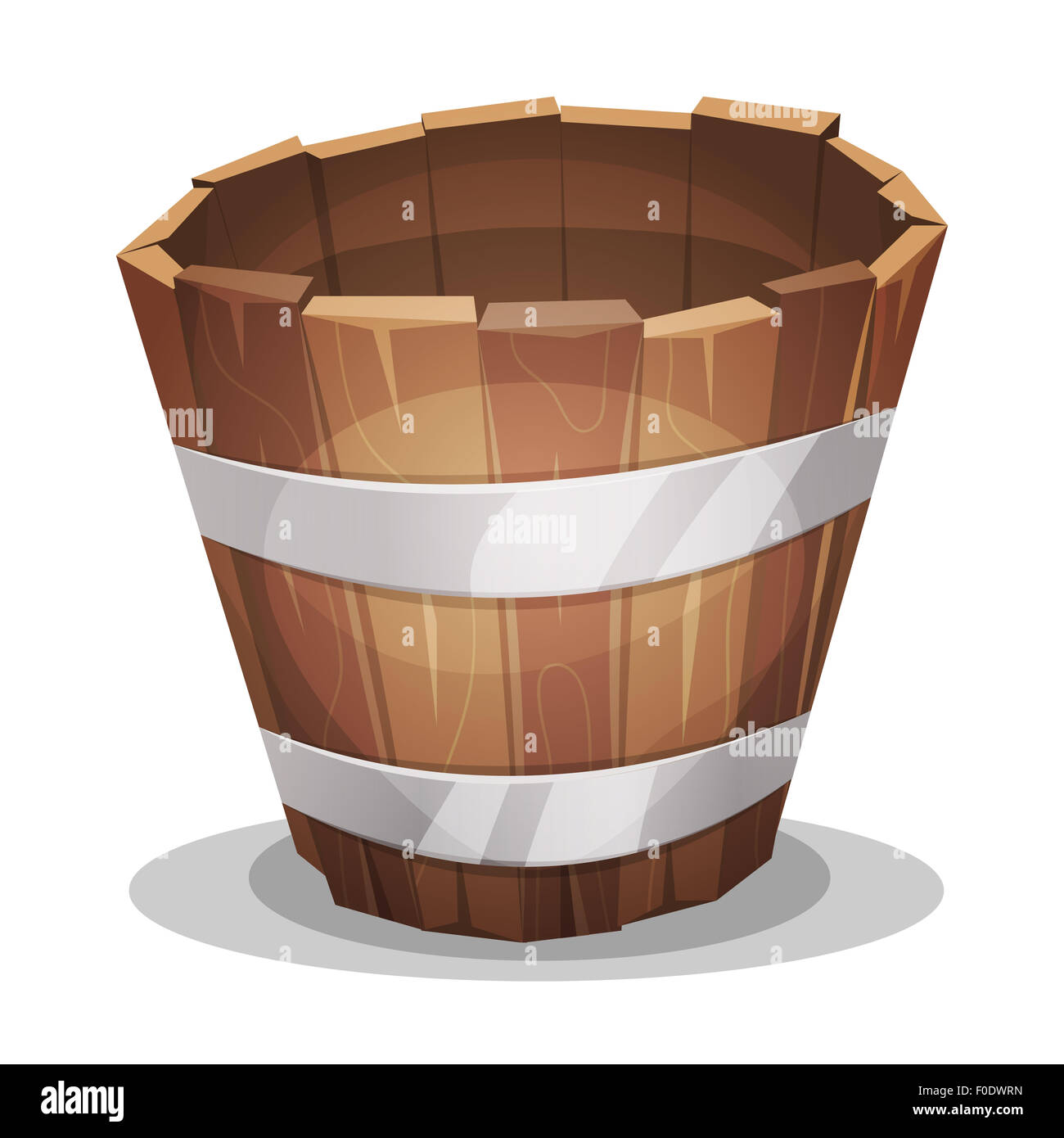 Illustration of a cartoon empty rural wooden bucket with iron strapping ...