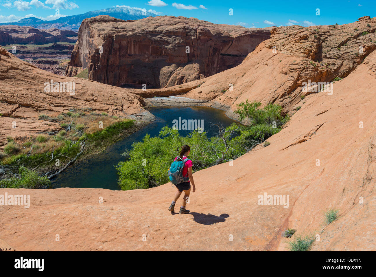 Hiker walking down the slick rock towards small lake Horizontal ...