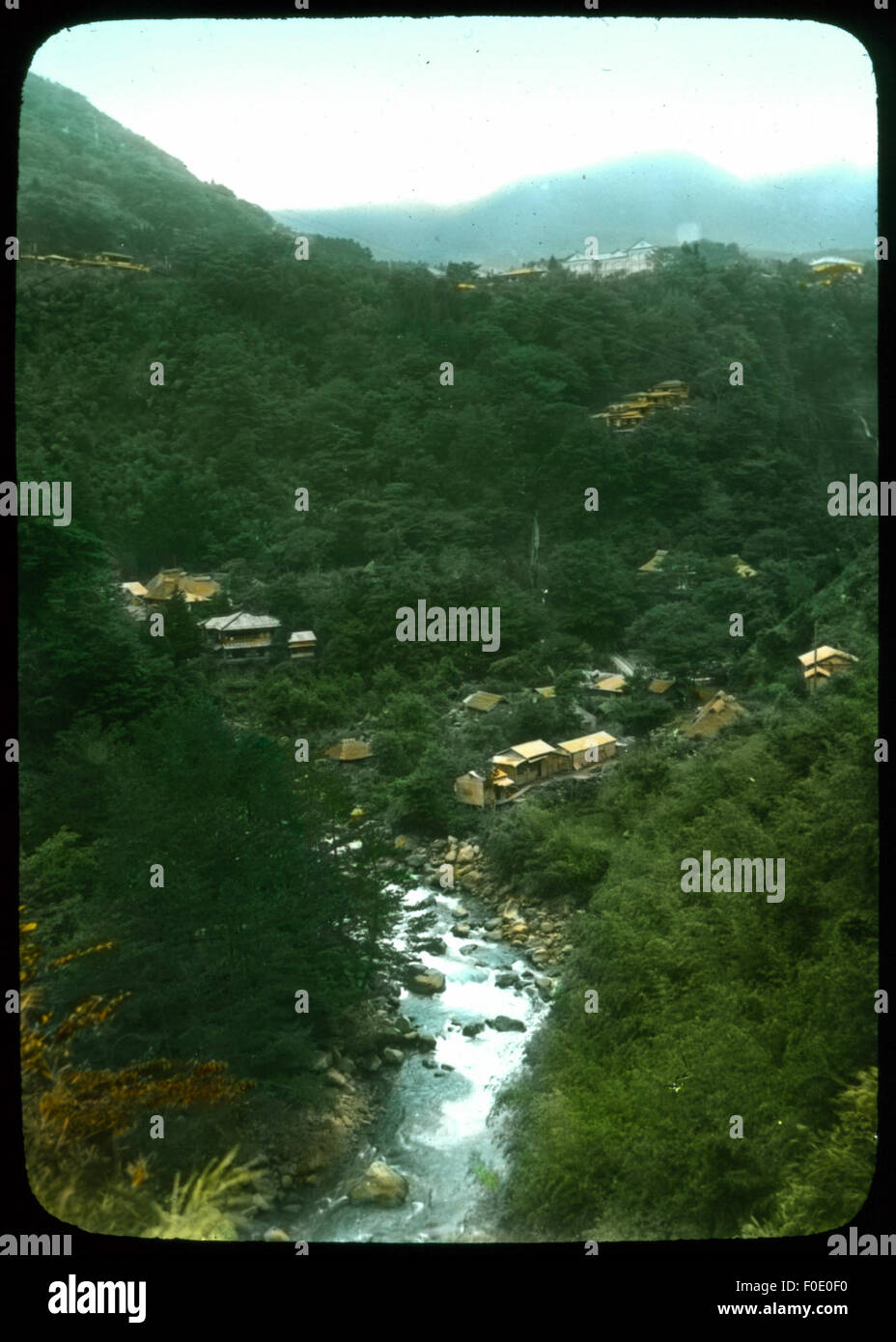 Houses in the woods, river in foreground Stock Photo - Alamy