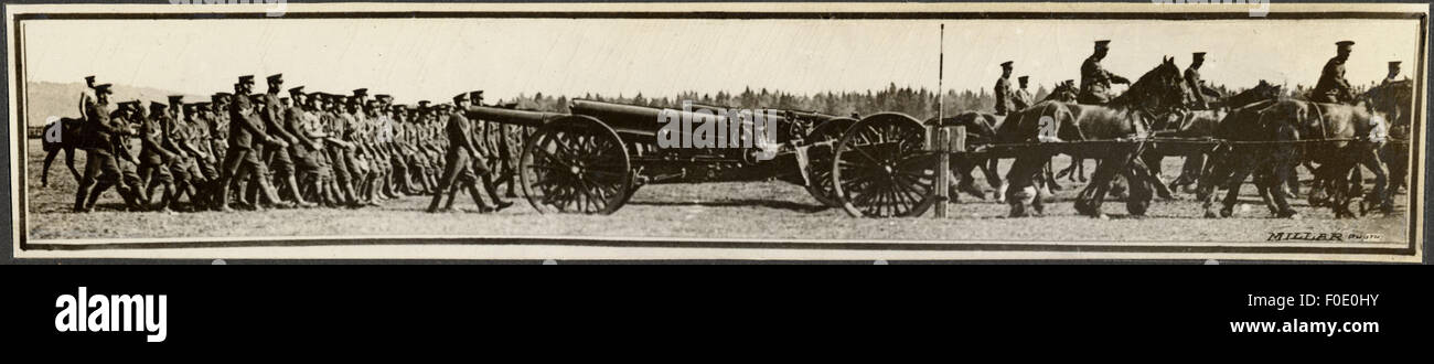 A review of artillery units featuring 60-pounder guns, used in military ...