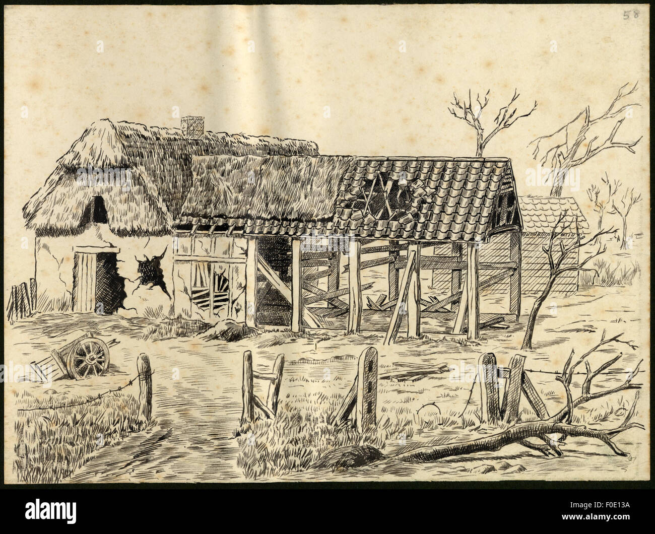 This image shows a farm house that has been damaged, likely from a ...