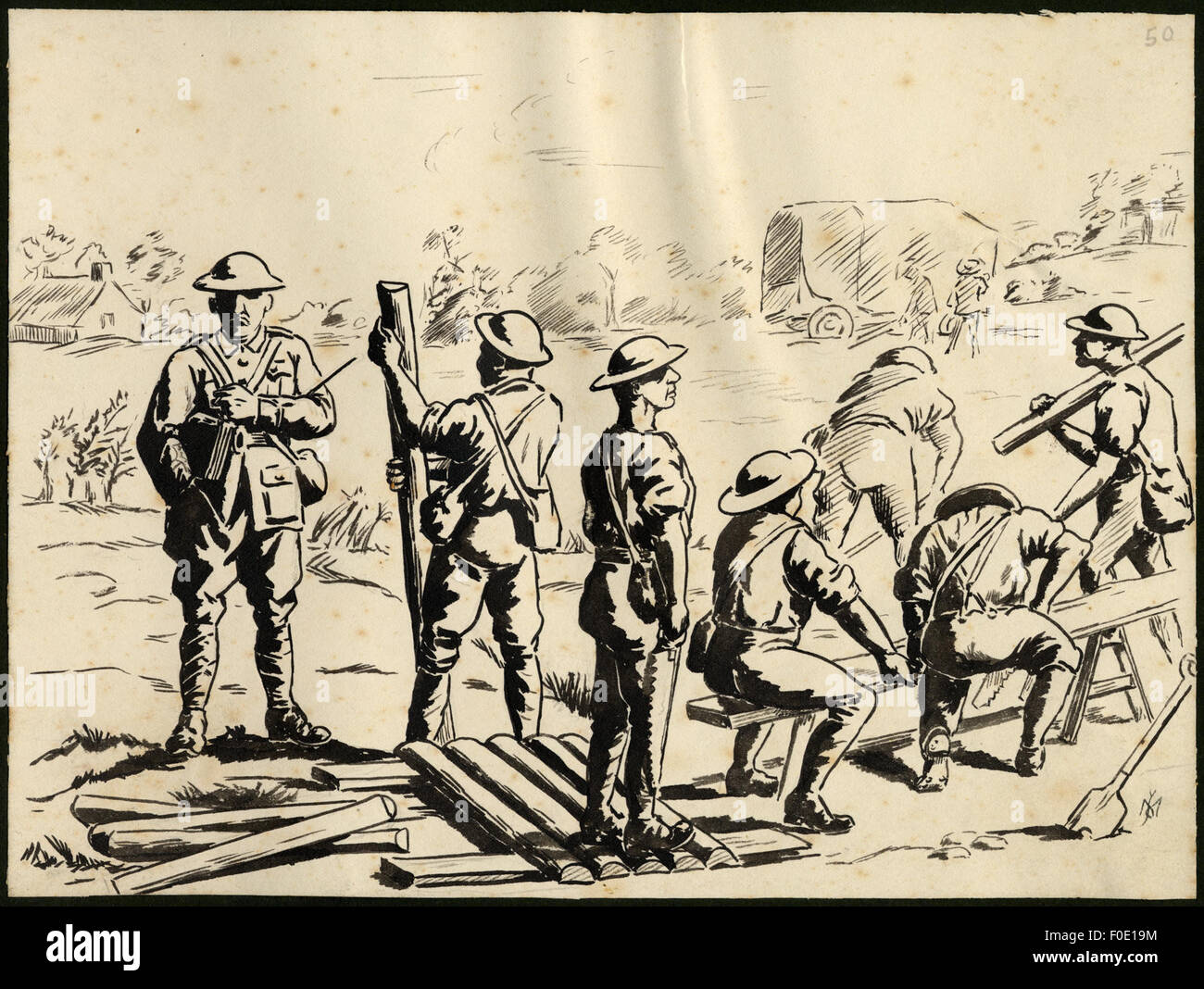 This image depicts soldiers at work, likely in a military or wartime ...