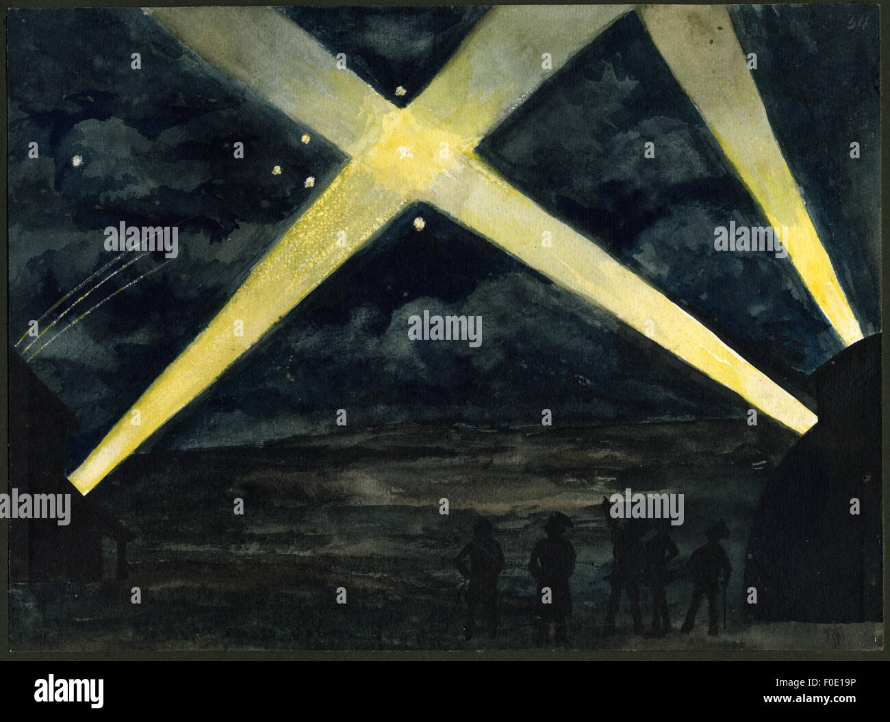 A dramatic image of spotlights lighting up the night sky, creating a ...