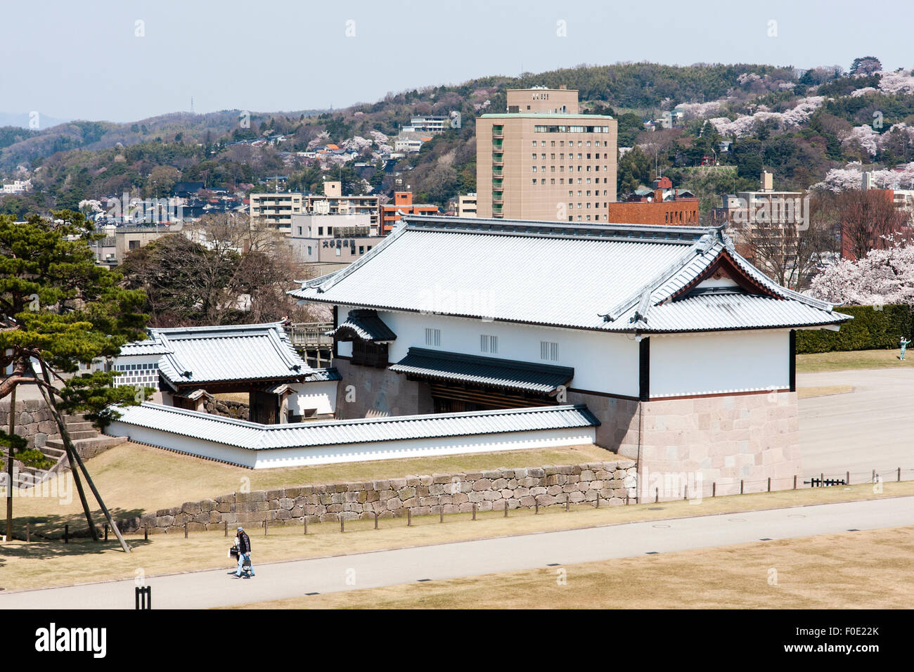 Japan, Kanazawa castle. Distant view of he reconstructed Kahoku-mon ...