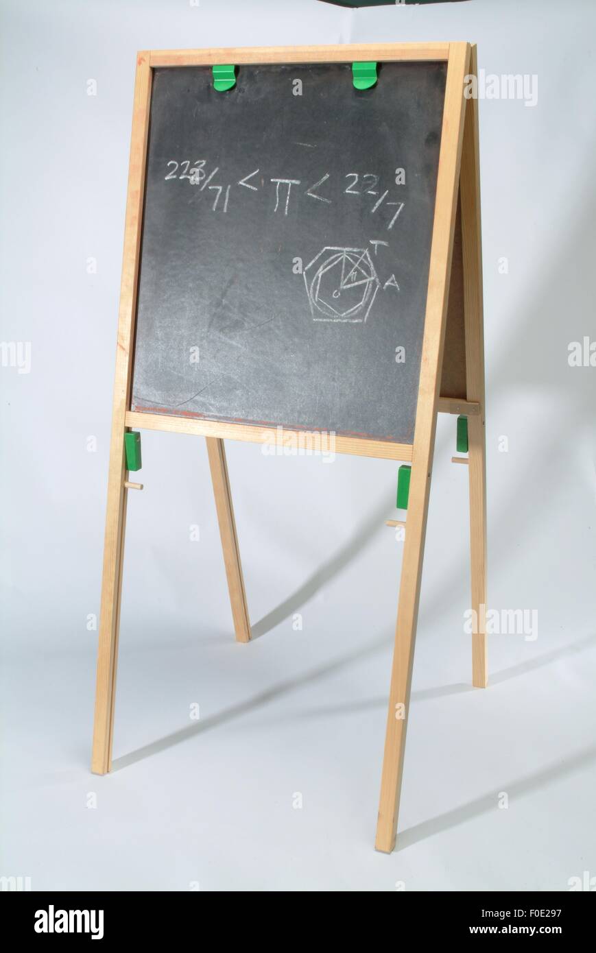 Freestanding wooden framed blackboard with chalk writing shot on a ...