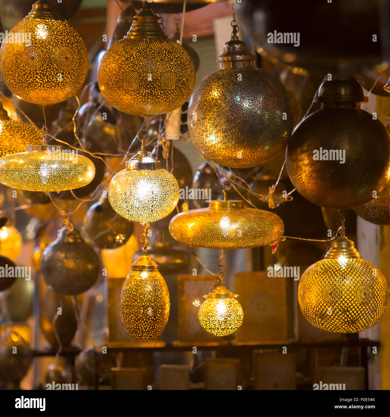 Moroccan glass and metal lanterns lamps in Marrakesh souk Stock Photo ...