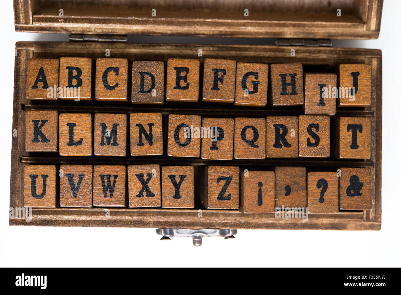 Letters wood stamped in wood box Stock Photo - Alamy